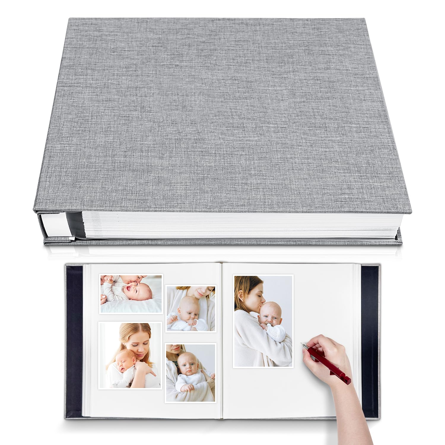 Photo Album Self Adhesive 3x5 4x6 5x7 6x8 8x10 8.5x11 11x10.6 Magnetic Scrapbook Album DIY Length 11x10.6 Inch 40 Pages Linen Cover DIY Photo Album with A Metallic Pen and DIY Accessories(Gray)