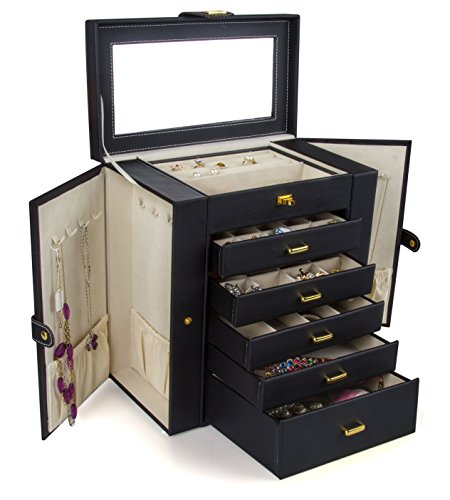 Kendal Huge Jewelry Box Jewelry Case with 6 Tier 5 Drawers Large Storage Capacity with Mirror Jewelry Storage Organizer Great Gift Also Good For Watches LJC-SHD5BK (black)