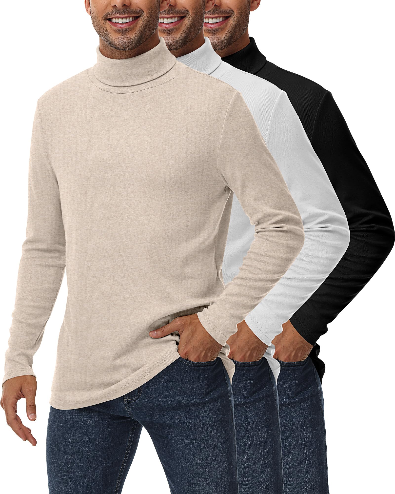 Ficerd 3 Pack Men's Turtleneck Shirts, Long Sleeve Cotton Pullover Sweaters Mock Neck Knitted T Shirt Basic Slim Fit Tee Tops(Black, White, Apricot,Large)
