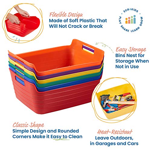 ECR4Kids Bendi-Bins with Handles, Multipurpose Flexible Plastic Storage Baskets, Stackable Baskets, Soft Plastic Storage Bin, 13in x 10in, 6-Piece - Assorted