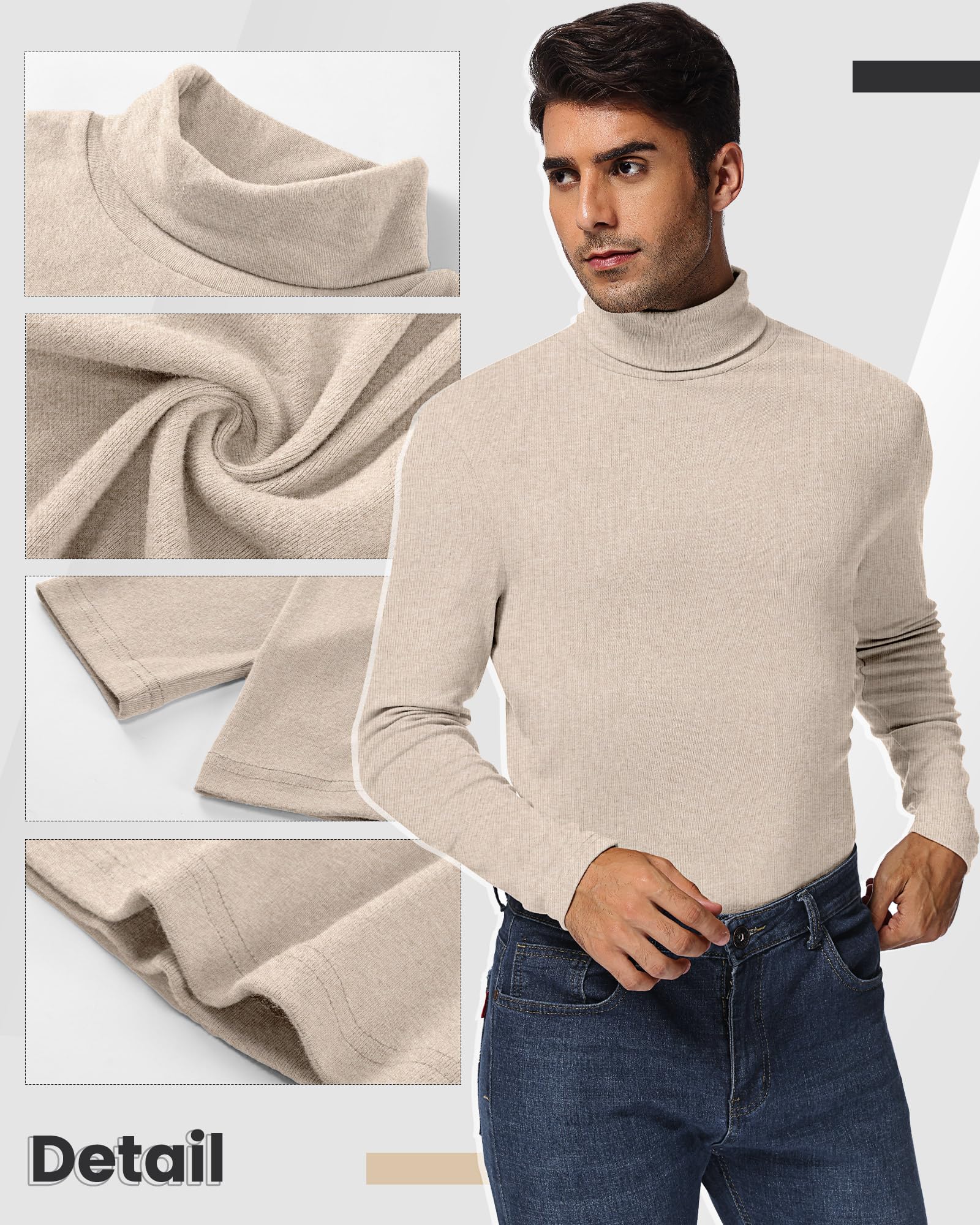 Ficerd 3 Pack Men's Turtleneck Shirts, Long Sleeve Cotton Pullover Sweaters Mock Neck Knitted T Shirt Basic Slim Fit Tee Tops(Black, White, Apricot,Large)