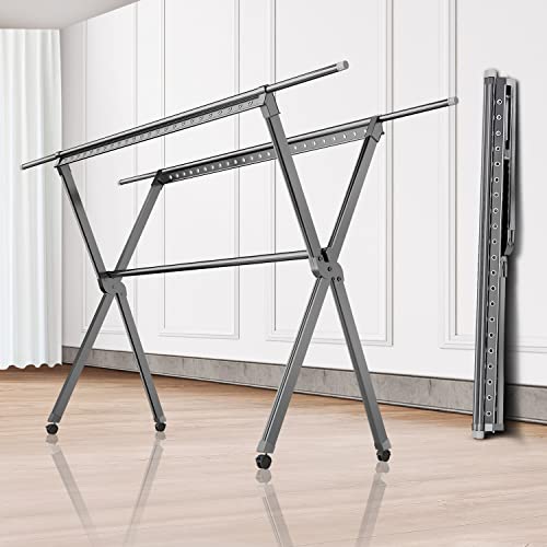 HWAJAN 90 Inches Folding Clothes Drying Rack Indoor Outdoor-Aluminum Collapsible Clothing Drying Racks for Laundry-Heavy Duty Foldable Clothes Dryer Rack with 42 Windproof Hooks,Large,Grey