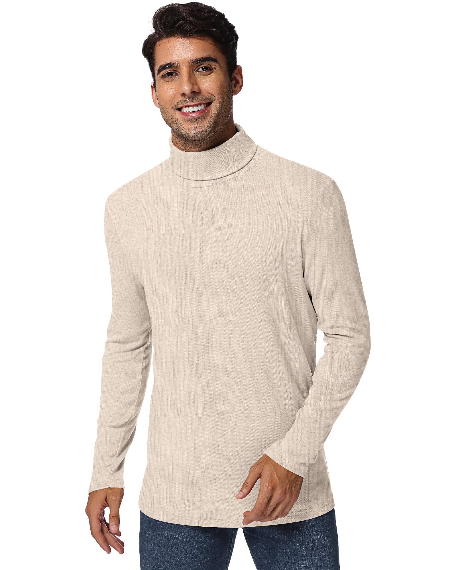 Ficerd 3 Pack Men's Turtleneck Shirts, Long Sleeve Cotton Pullover Sweaters Mock Neck Knitted T Shirt Basic Slim Fit Tee Tops(Black, White, Apricot,Large)