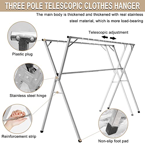 TORIBIO Clothes Drying Rack, 47 Inch Retractable Laundry Drying Rack Folding Indoor Outdoor, Length Adjustable Heavy Duty Stainless Steel Clothing Drying Rack with Windproof Hooks