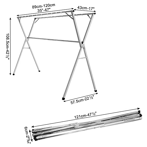 TORIBIO Clothes Drying Rack, 47 Inch Retractable Laundry Drying Rack Folding Indoor Outdoor, Length Adjustable Heavy Duty Stainless Steel Clothing Drying Rack with Windproof Hooks