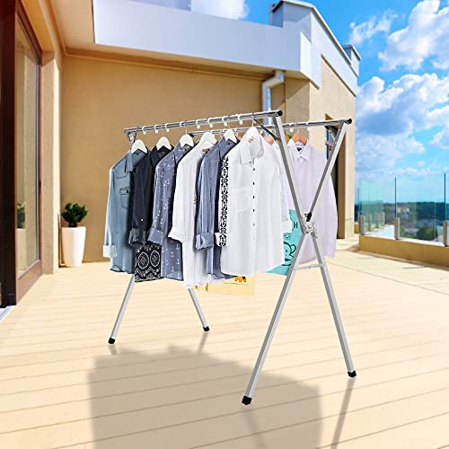 TORIBIO Clothes Drying Rack, 47 Inch Retractable Laundry Drying Rack Folding Indoor Outdoor, Length Adjustable Heavy Duty Stainless Steel Clothing Drying Rack with Windproof Hooks