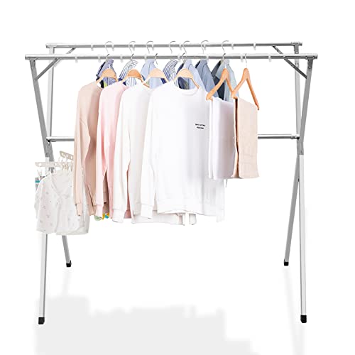 TORIBIO Clothes Drying Rack, 47 Inch Retractable Laundry Drying Rack Folding Indoor Outdoor, Length Adjustable Heavy Duty Stainless Steel Clothing Drying Rack with Windproof Hooks
