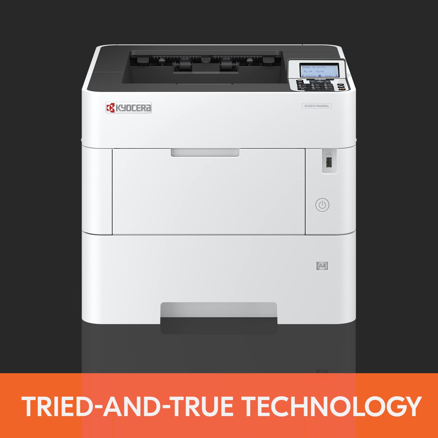 Kyocera ECOSYS PA5000x Monochrome Laser Printer, 52 ppm, 600 x 600 dpi and Up to Fine 1200 dpi, 600 Sheet Tray, 100 Sheet MPT, Duplex, 5 Line LCD w/Hard Key Panel, Gigabit Ethernet, USB, 512 MB