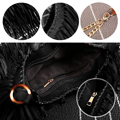 LUI SUI Women's Fashion Fringed Shoulder Bag Tassel Cross Body Bags (Black)