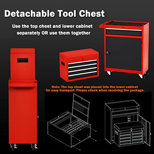 Goplus Rolling Tool Chest, 5-Drawer Tool Box Organizer w/Lockable Wheels & Sliding Drawers & Detachable Top & Adjustable Shelf, Tool Storage Cabinet for Garage Workshop (Red+Black)