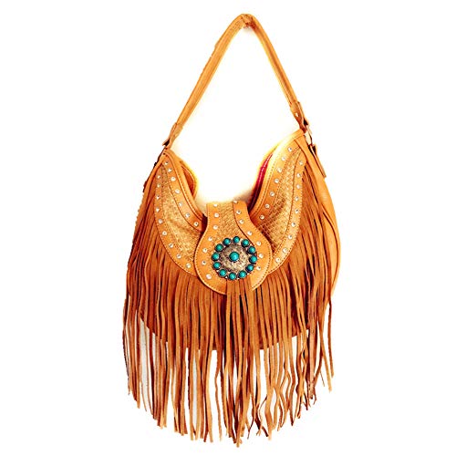 Western Cowgirl Concealed Carry Fringe Concho Agate Handbag Hobo Shoulder Handbag With Matching Wallet In Tan