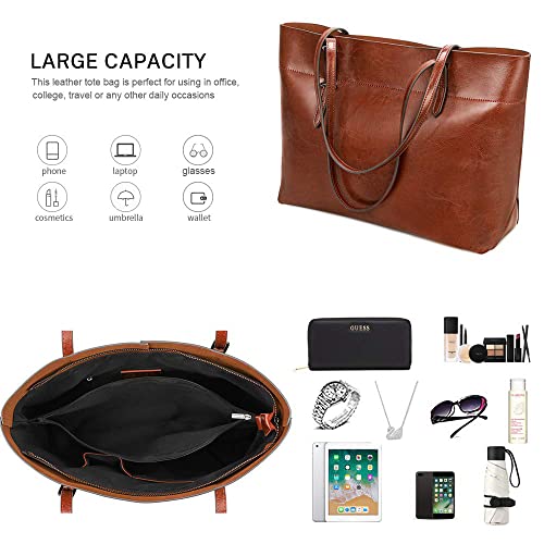 Kattee Vintage Genuine Leather Tote Shoulder Bag for Women Satchel Handbag with Top Handles (Brown)