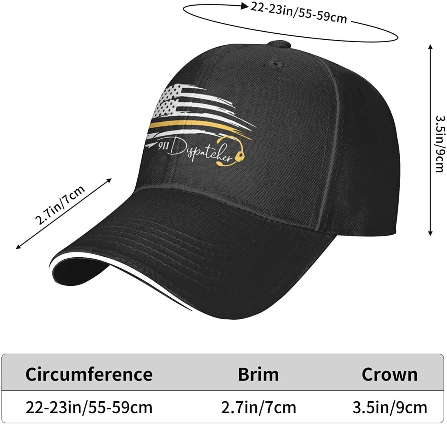 Number 911 Dispatcher Thin Gold Yellow Line Dispatch American Flag Baseball Golf Cap Casquette Outdoor Trucker Hats Adjustable Custom