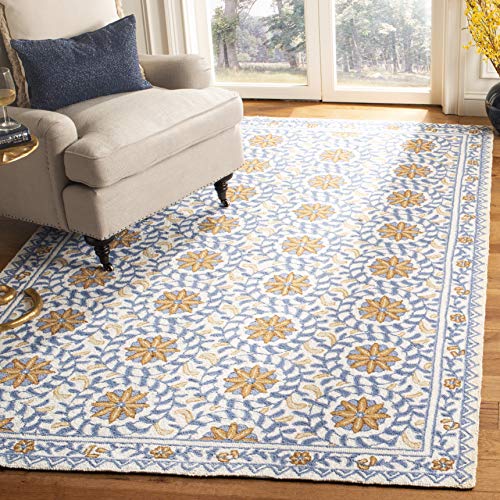 SAFAVIEH Chelsea Collection 7'9" x 9'9" Ivory/Blue HK150A Hand-Hooked French Country Wool Area Rug