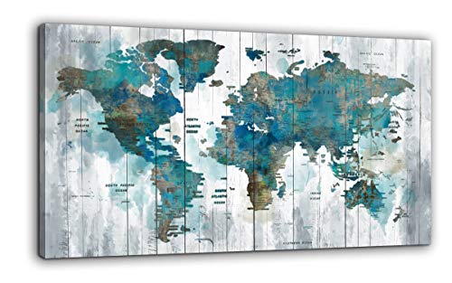 Abstract World Map Canvas Wall Art for Living Room Office Green Teal White World Map Picture Print Artwork Decor for Home Bedroom Decoration