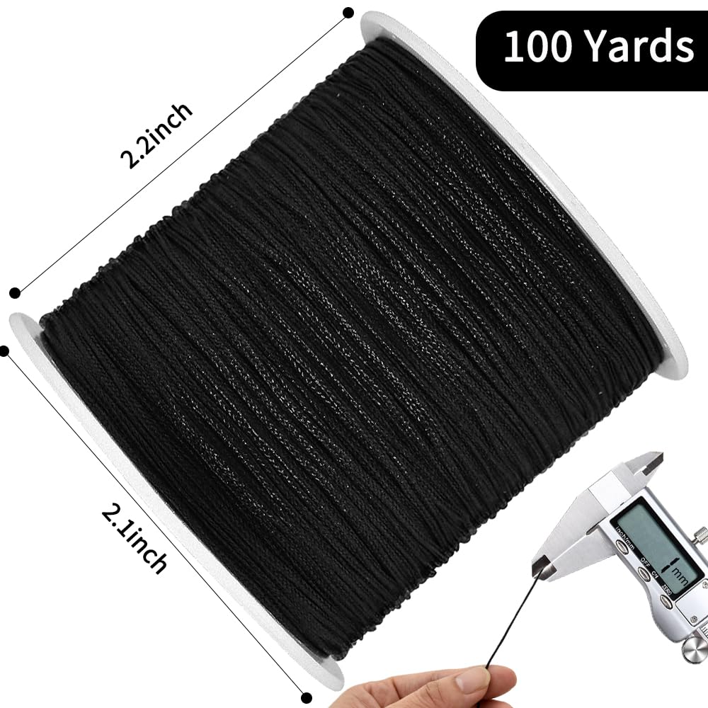 TONIFUL 1mm x 100 Yards Black Nylon Cord Satin String for Bracelet Jewelry Making Rattail Macrame Waxed Trim Cord Necklace Bulk Beading Thread Kumihimo Chinese Knot Craft