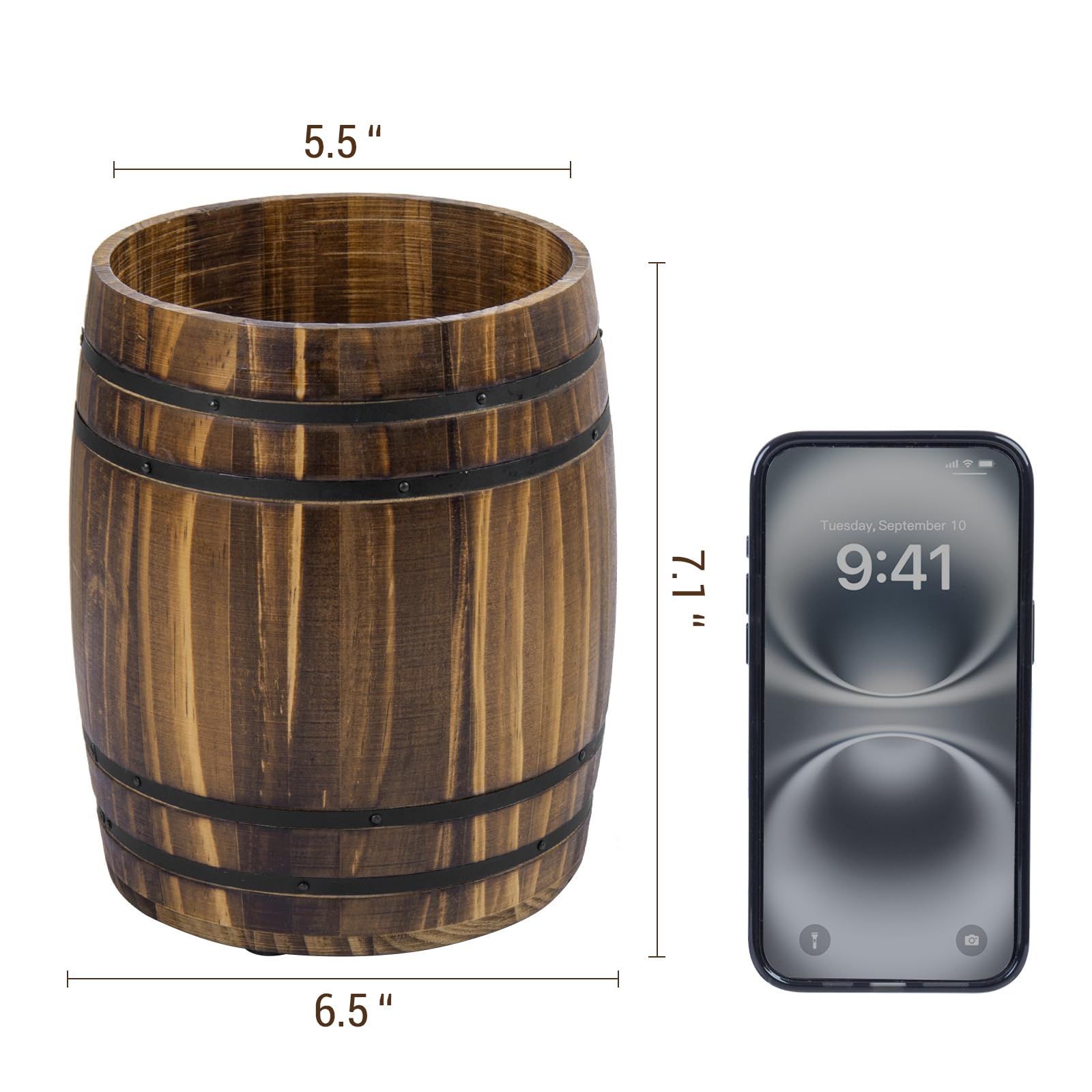 MyGift Wine Barrel Design Kitchen Utensil Crock, Vintage Rustic Burnt Wood Cooking Tool Holder