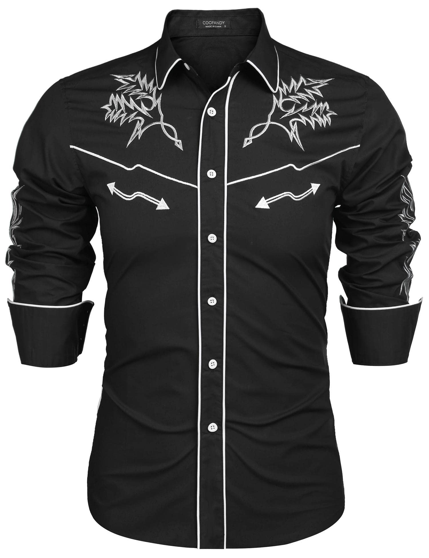 COOFANDY Mens Western Cowboy Shirt Embroidered Denim Long Sleeve Casual Button Down Shirt