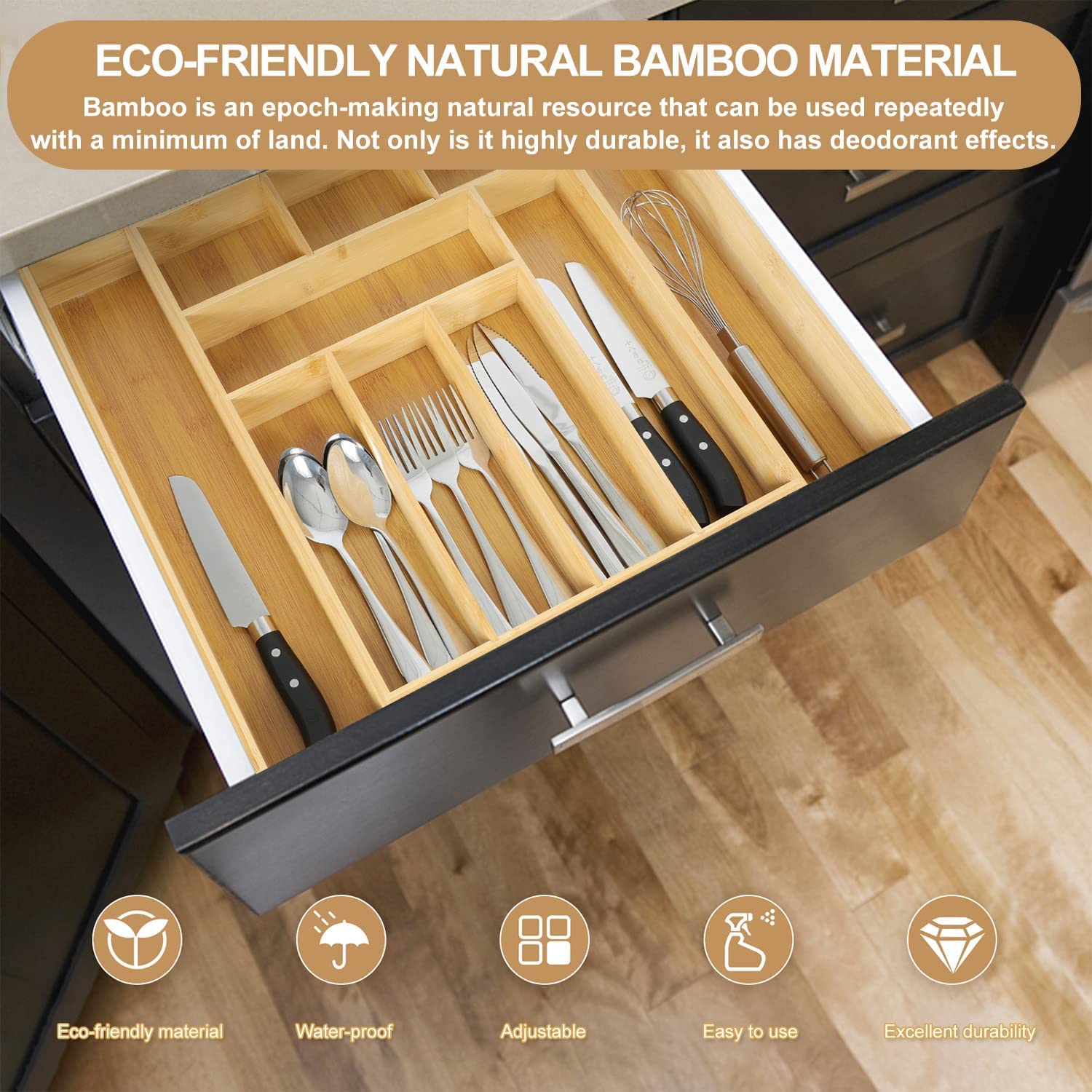aceyoon Bamboo Kitchen Silverware Drawer Organizer,Expandable Cutlery Holder with Drawer Dividers, Adjustable Kitchen Utensil Organizer for Flatware,Utensils,Cutlery (8-10 Slot)