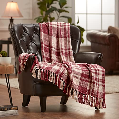 Chanasya Farmhouse Pattern Plaid Throw Blanket Lightweight Knit Textured Woven Decorative Blanket for Couch Bed Living Room Blanket with Tassels Fringed Throw Blanket (50x65 Inches) Maroon Purple