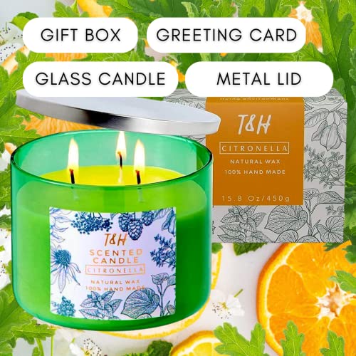 Large Citronella Candles Outdoor Indoor Candle Made with Natural Soy and Essential Oils | 3 Wick Candle 80 Hour Burn | 15.8 oz Highly Scented Aromatherapy Candles for Home | Balcony & Patio Candle