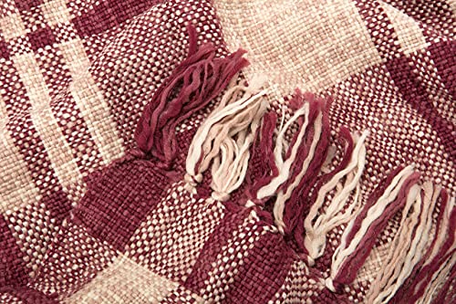 Chanasya Farmhouse Pattern Plaid Throw Blanket Lightweight Knit Textured Woven Decorative Blanket for Couch Bed Living Room Blanket with Tassels Fringed Throw Blanket (50x65 Inches) Maroon Purple