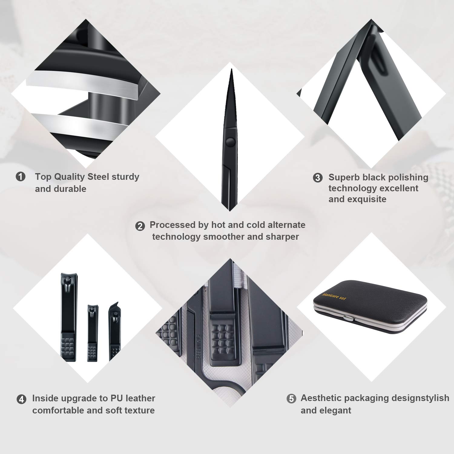 Manicure Set, Travel Mini Nail Clippers Kit Pedicure Care Tools, 10pcs Stainless Steel Grooming kit (Black)