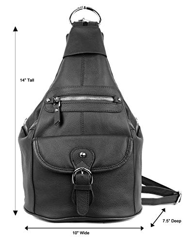 Roma Leathers Fashion Leather Backpack - Premium Black Cowhide Leather - Buckle Front Closure - Metal Zipper Hardware - Convertible Shoulder Straps - Multi Pocket Shoulder Bag - Designed in U.S.A.