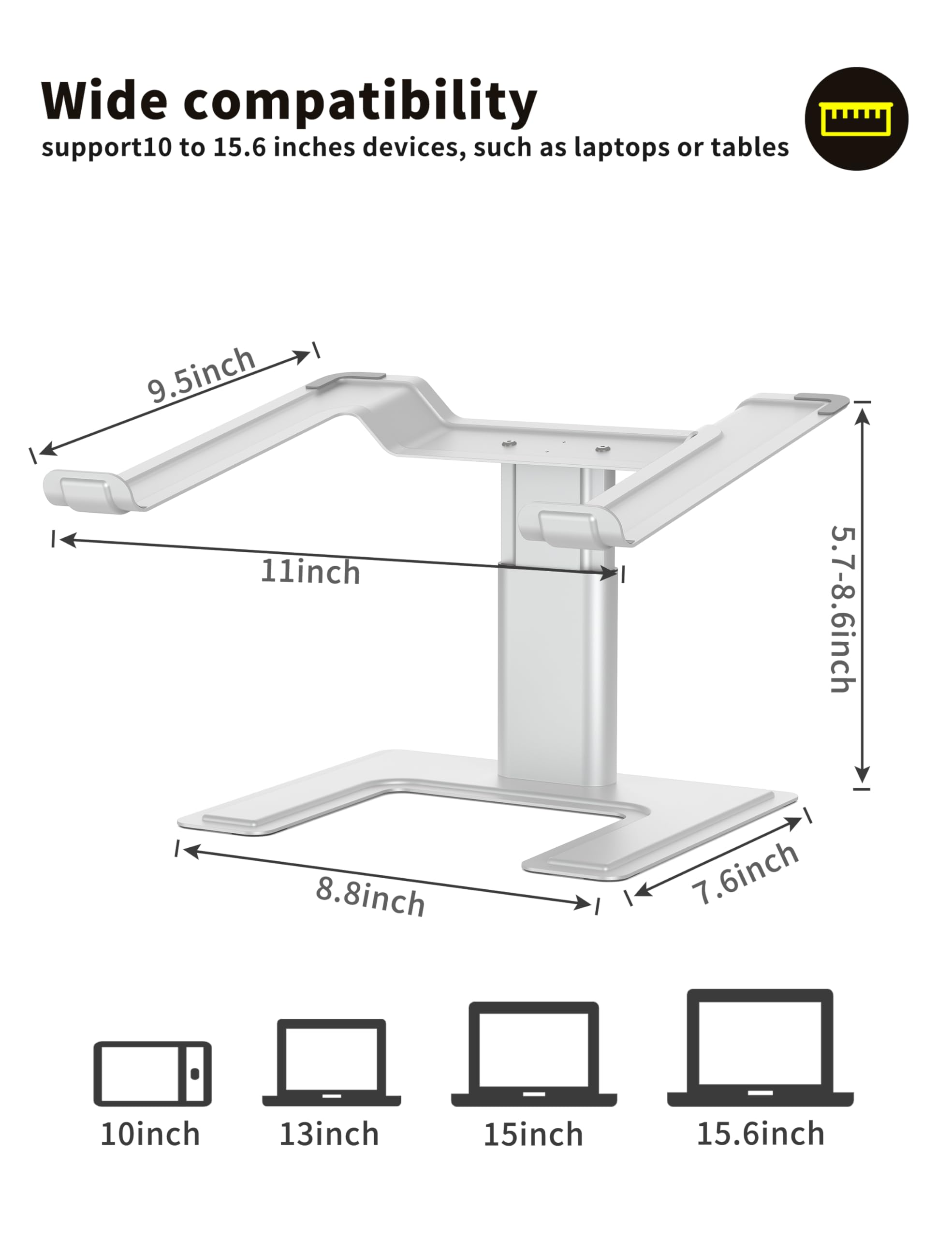 Ergopollo Laptop Stand for Desk, Computer Stand Adjustable Height, Ergonomic Notebook Laptop Riser, Aluminum Metal Holder Compatible with 10 to 15.6 Inches Notebook PC Computer, Silver