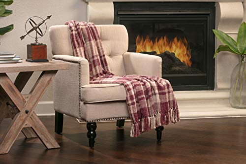 Chanasya Farmhouse Pattern Plaid Throw Blanket Lightweight Knit Textured Woven Decorative Blanket for Couch Bed Living Room Blanket with Tassels Fringed Throw Blanket (50x65 Inches) Maroon Purple