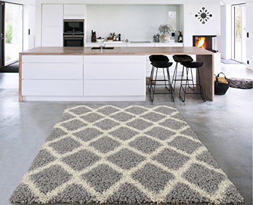 Sweet Home Stores Cozy Shag Collection Grey and Cream Moroccan Trellis Design Shag Rug (3'3"X4'7") Contemporary Living and Bedroom Soft Shaggy Area Rug