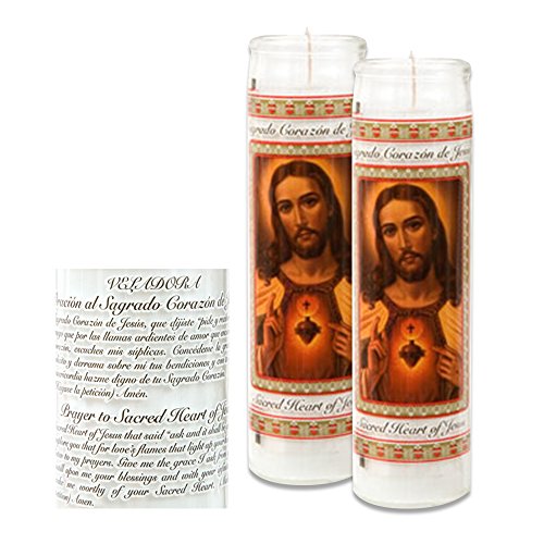 Catholic Prayer Candles - Set Of 2 Religious Candles - Real Wax (White Poured, Unscented) Candles - Extra Long Burn Time - Prayer Printed On Each Candle - Church Vigil Devotional [BUNDLE, 2 Pcs.] (Jesus & The Sacred Heart)