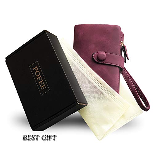 Womens Small Bifold Leather Wallets Rfid Ladies Wristlet with Card slots id window Zipper Coin Purse (Purple)