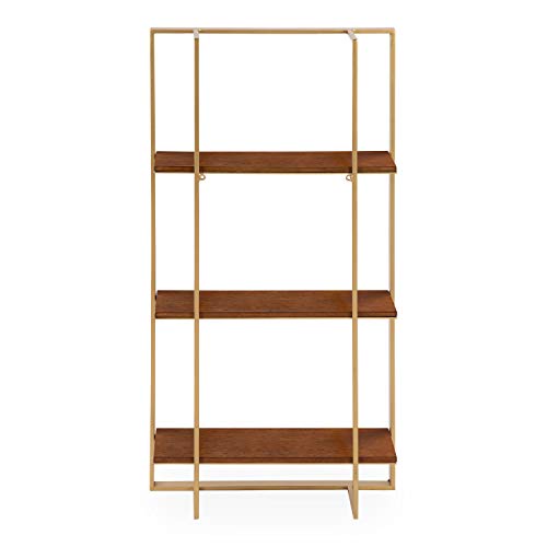 Kate and Laurel Kercheval Modern Wood Shelf, 15"x 32", Walnut Brown and Gold, Practical Mid-Century Wall Decor