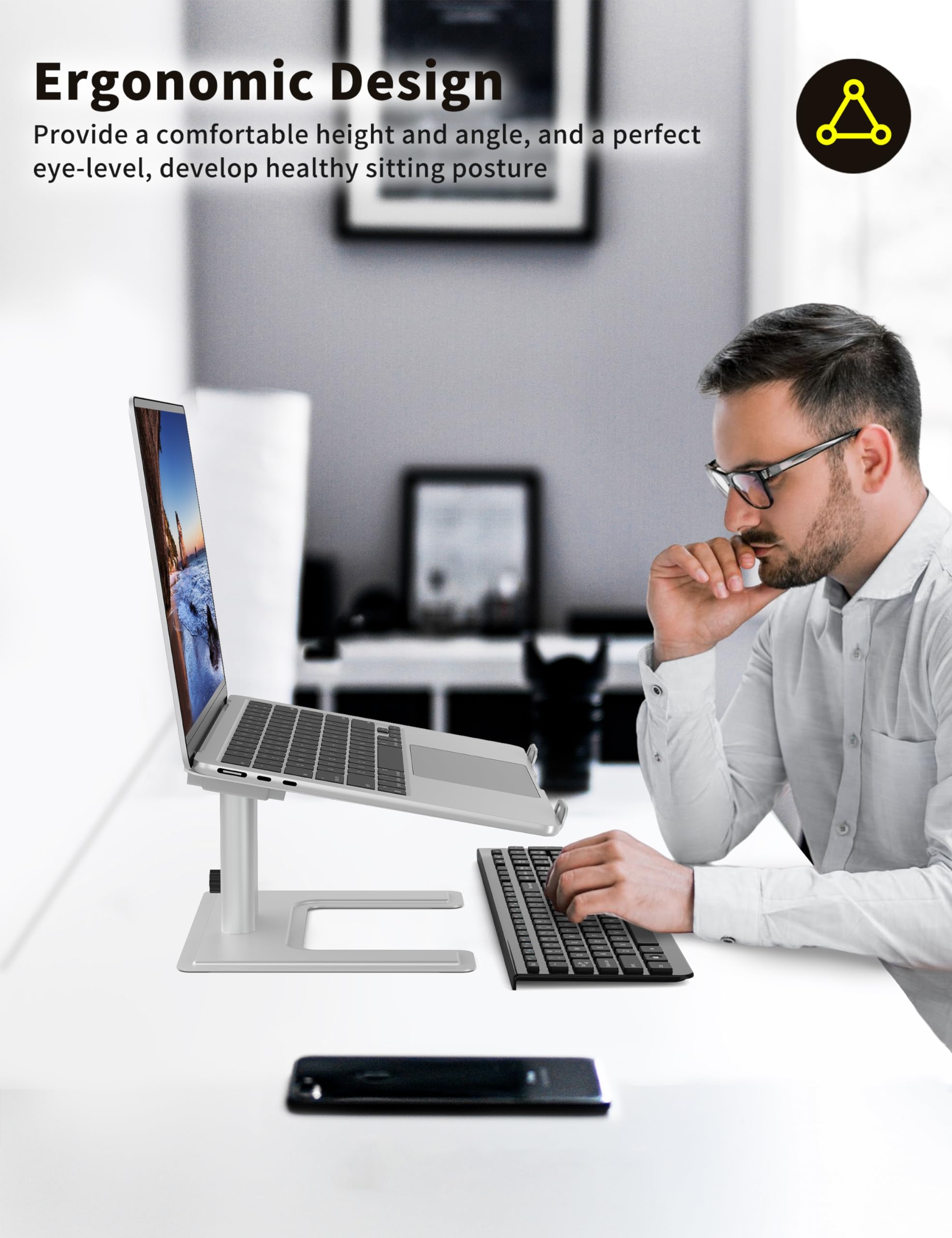 Ergopollo Laptop Stand for Desk, Computer Stand Adjustable Height, Ergonomic Notebook Laptop Riser, Aluminum Metal Holder Compatible with 10 to 15.6 Inches Notebook PC Computer, Silver