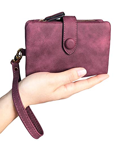 Womens Small Bifold Leather Wallets Rfid Ladies Wristlet with Card slots id window Zipper Coin Purse (Purple)
