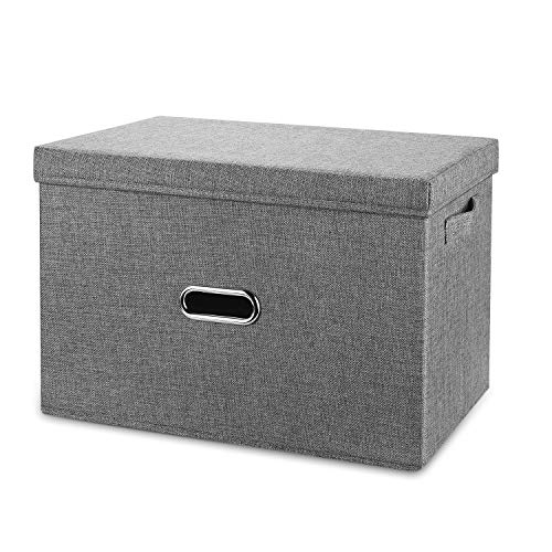 Valease Large Linen Collapsible Storage Bins with Removable Lids and Handles, Washable Storage Box Containers Baskets Cube with Cover for Bedroom,Closet,Office,Living Room,Nursery (Grey, Large)