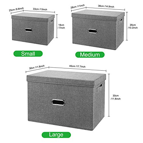 Valease Large Linen Collapsible Storage Bins with Removable Lids and Handles, Washable Storage Box Containers Baskets Cube with Cover for Bedroom,Closet,Office,Living Room,Nursery (Grey, Large)