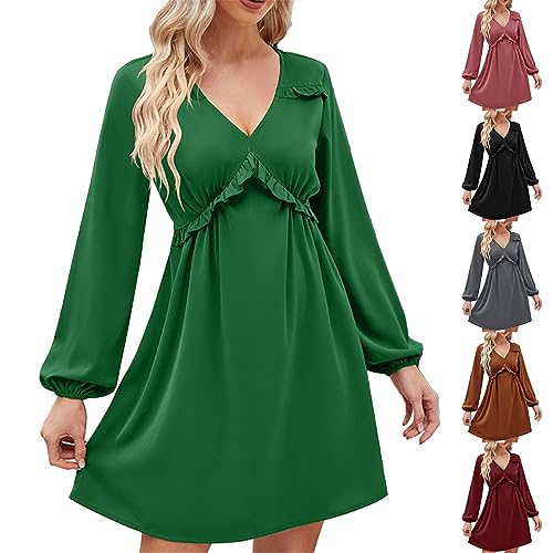 BilyBY Women's V Neck A-line Dress Summer Fold Hook Flower Long Sleeve Casual Min Dress Party Wedding Guest High Waist Dresses