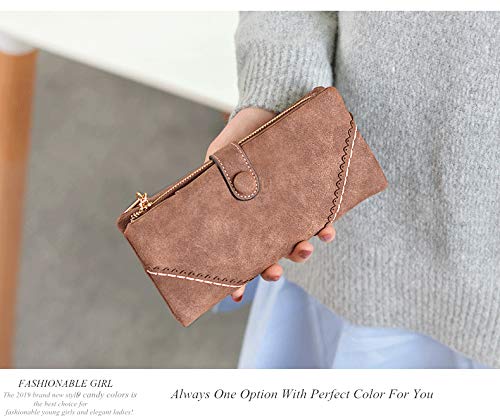 Women Vegan Leather Wallet Bifold Clutch Large Capacity Card Organizer Buckle Long Purse for Girls Candy Color (Coffee) …