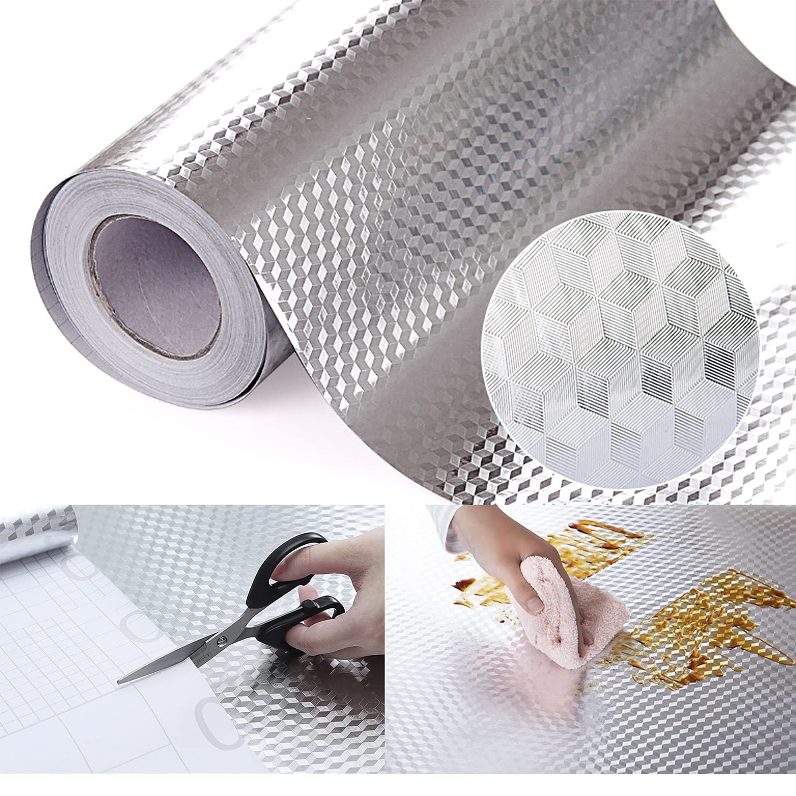 Snkxu Kitchen Wallpaper Oil Proof Sticker Backsplash Aluminum foil Oil self-Adhesive Paper Silver Cabinet Liner Waterproof and Heat Resistant Peel and Stick backsplash, 15.7X118.1 Inches