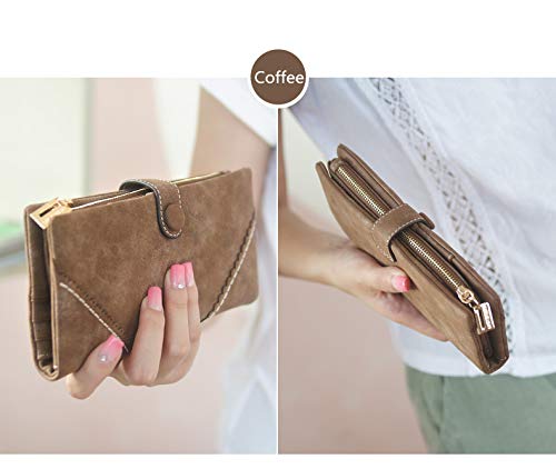 Women Vegan Leather Wallet Bifold Clutch Large Capacity Card Organizer Buckle Long Purse for Girls Candy Color (Coffee) …