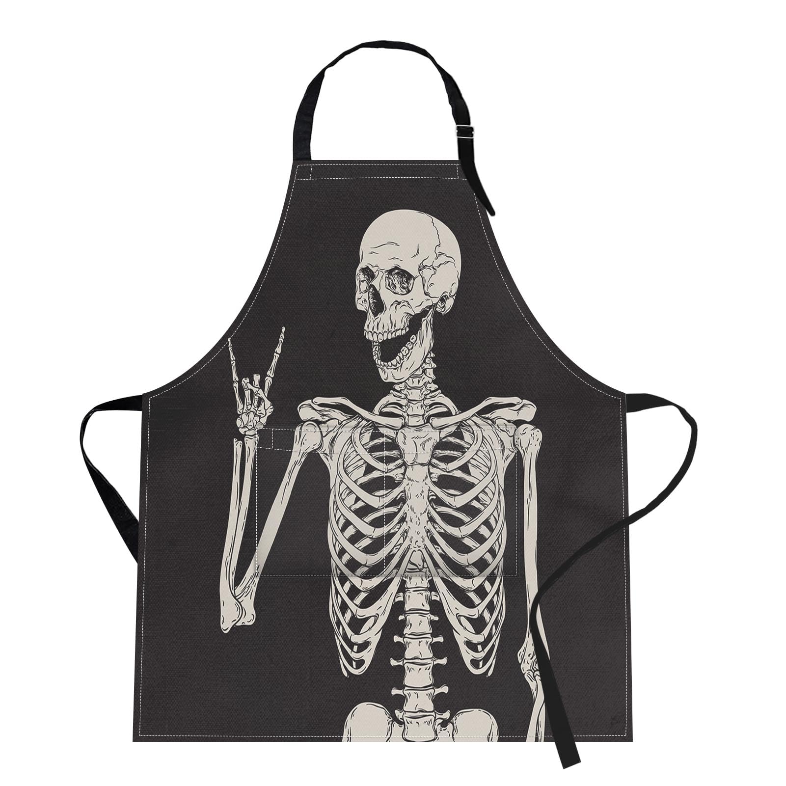 Britimes Apron Home Kitchen Cooking Baking Gardening for Women Men with Pockets Skeleton Rock Skull Halloween Happy 32x28 inch