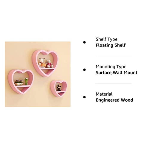 Set of 3 Heart-Shaped Floating Hexagon Shelves Set Wall Bracket Gloss Display Shelf Rack for TV DVD (Color : Pink)