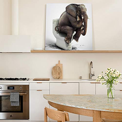 Chucoco Oil Paintings on Canvas Funny Elephant Sitting on the Toilet Abstract Wall Art Print with Framed Ready to Hang, Living Room Kitchen Bedroom Home Decorations 20x20 inch