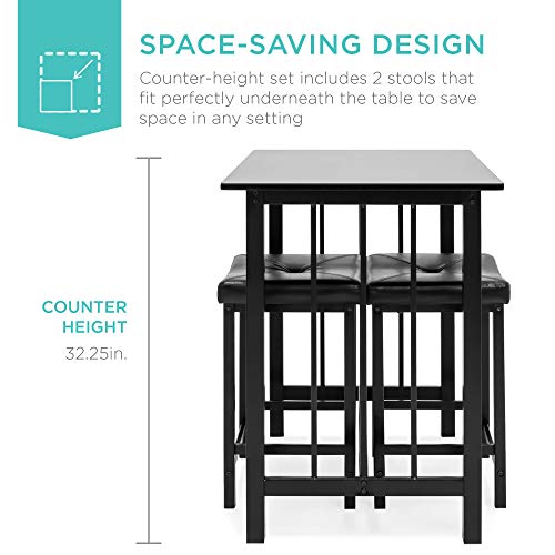 Best Choice Products 3-Piece Counter Height Dining Table Furniture Set for Kitchen, Bar, Bonus Room w/ 2 Faux Leather Backless Stools, Compact, Space-Saving Design - Black