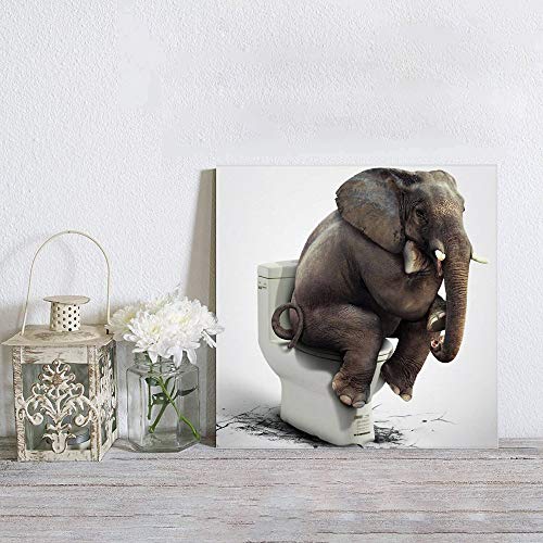 Chucoco Oil Paintings on Canvas Funny Elephant Sitting on the Toilet Abstract Wall Art Print with Framed Ready to Hang, Living Room Kitchen Bedroom Home Decorations 20x20 inch