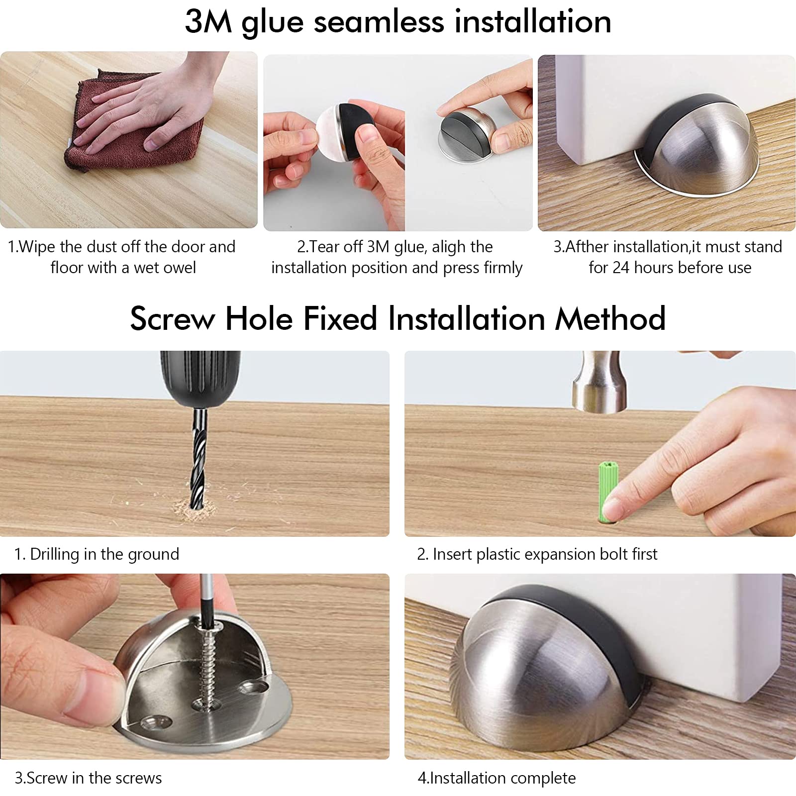 6 Pack Floor Door Stopper Brushed Stainless Steel Door Stops with Rubber Bumper Contemporary Safety Floor Mounted Doorstop with Hardware Screws for Wall Door Protection
