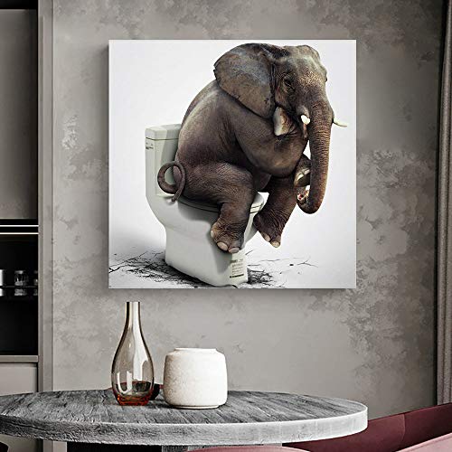 Chucoco Oil Paintings on Canvas Funny Elephant Sitting on the Toilet Abstract Wall Art Print with Framed Ready to Hang, Living Room Kitchen Bedroom Home Decorations 20x20 inch