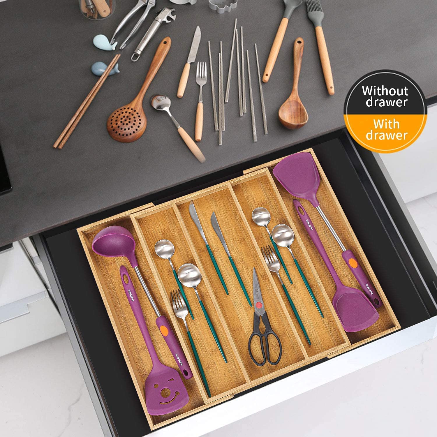 Utoplike Bamboo Expandable Kitchen Drawer Organizer and Acacia Expandable Cutlery Drawer Organizer